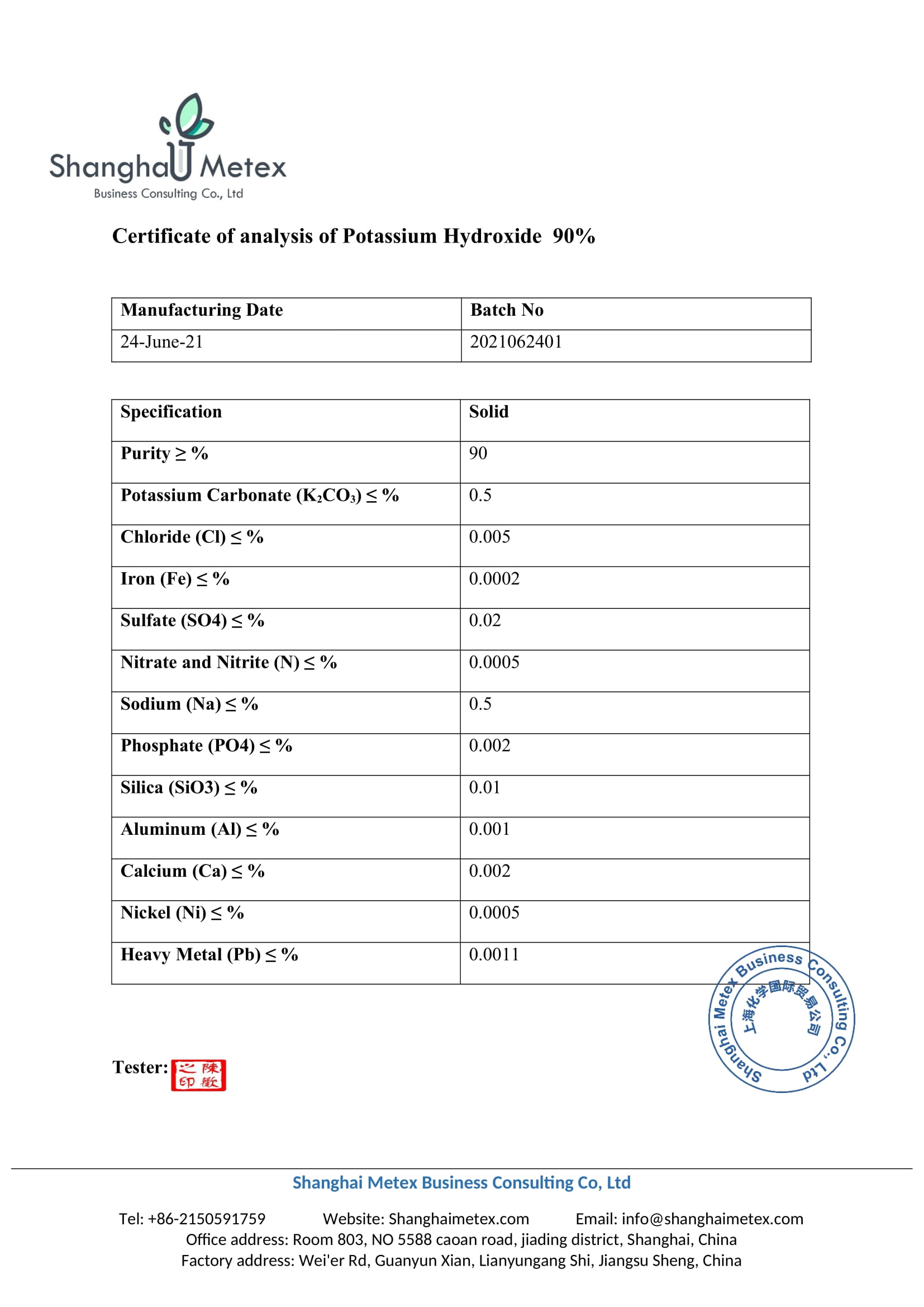 Potassium Hydroxide - Shanghai Metex